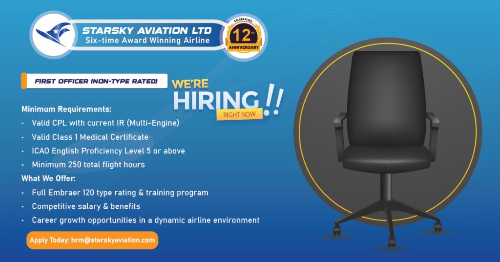 Now Hiring – First Officer (Non-Type Rated). - Starsky Aviation Ltd
